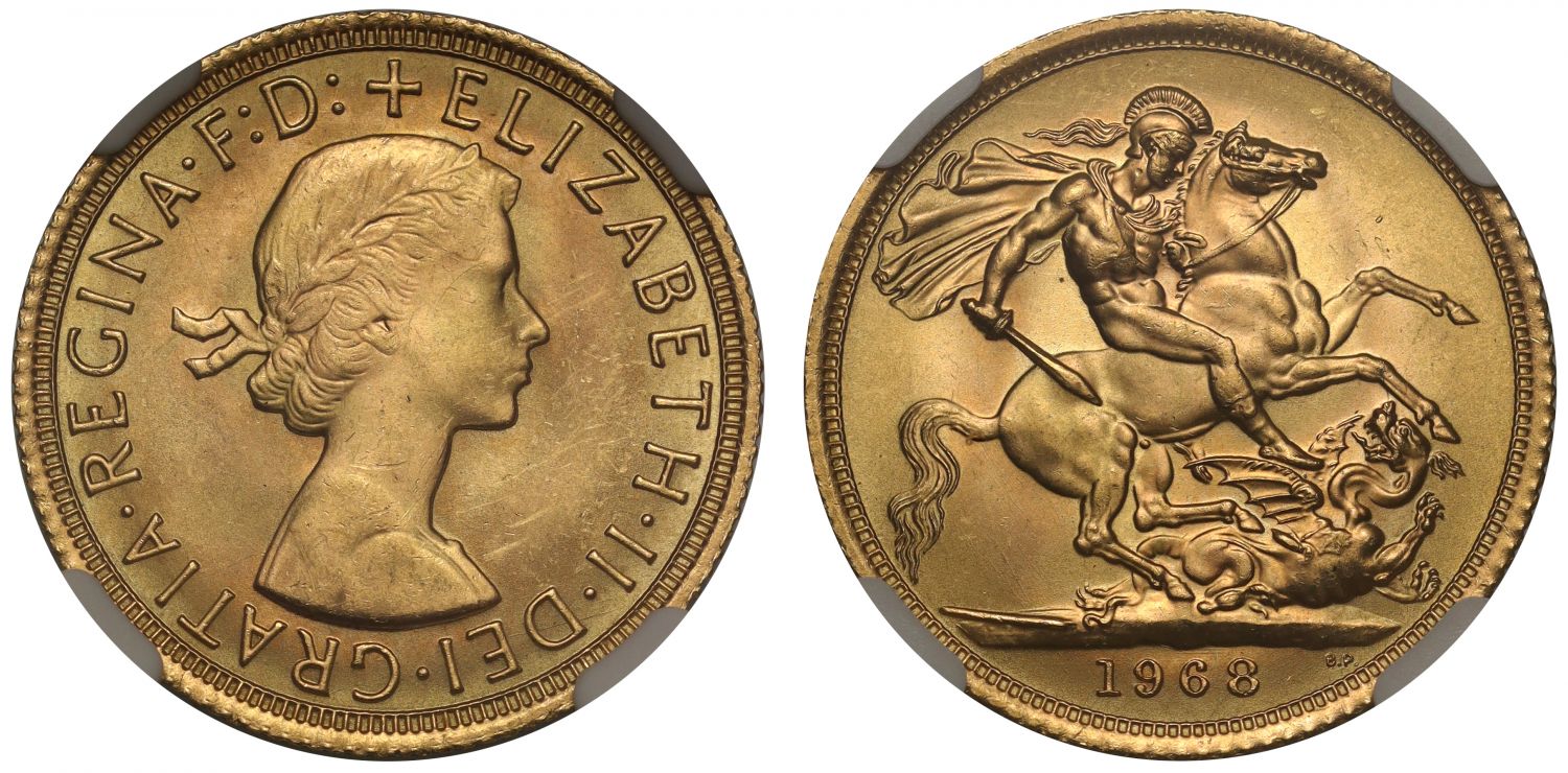 Elizabeth II 1968 Gillick Sovereign MS65, last year of Gillick soverei