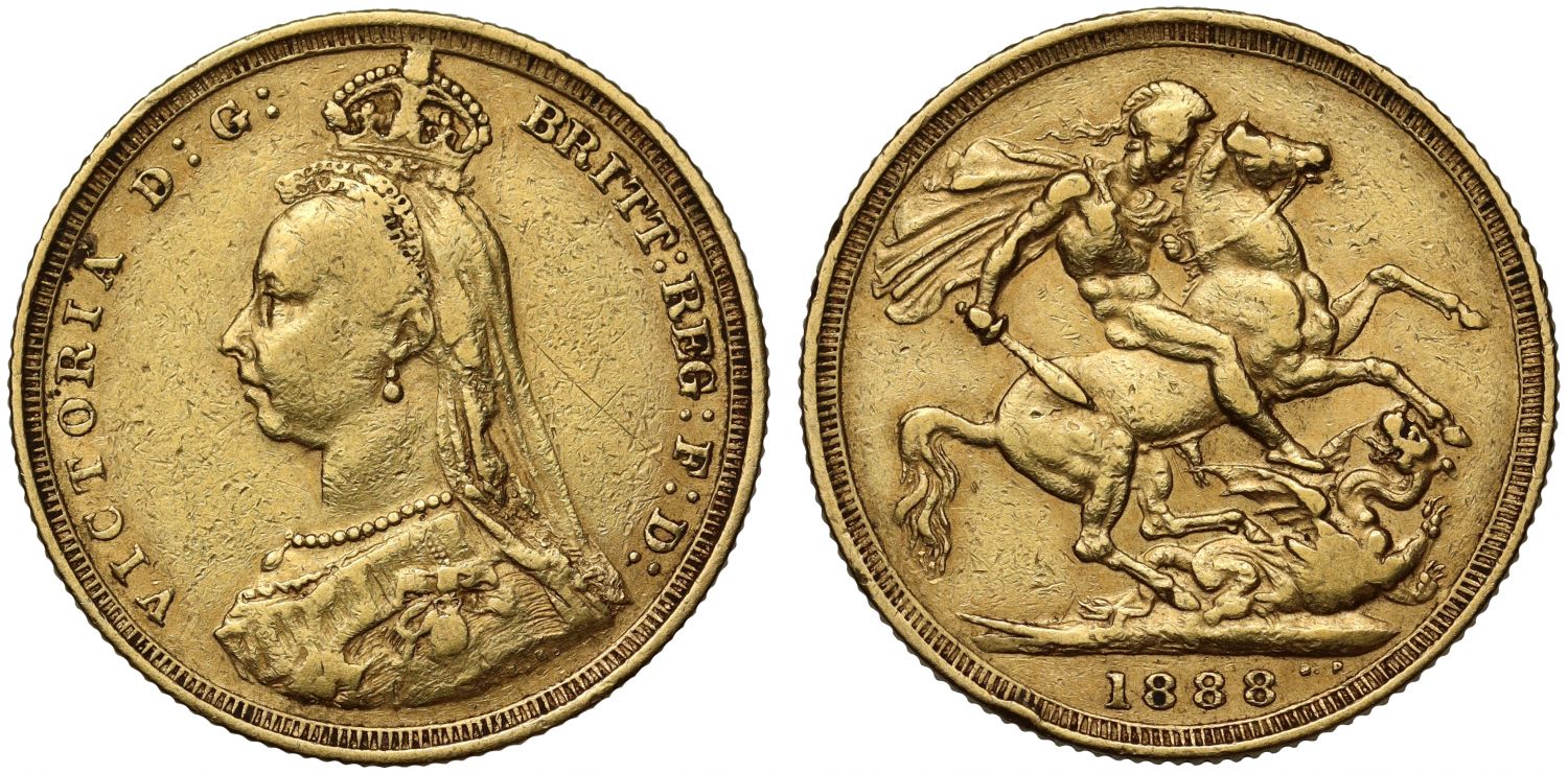 Victoria 1888-S Sovereign Sydney Mint DISH S8, first legend reuse of S