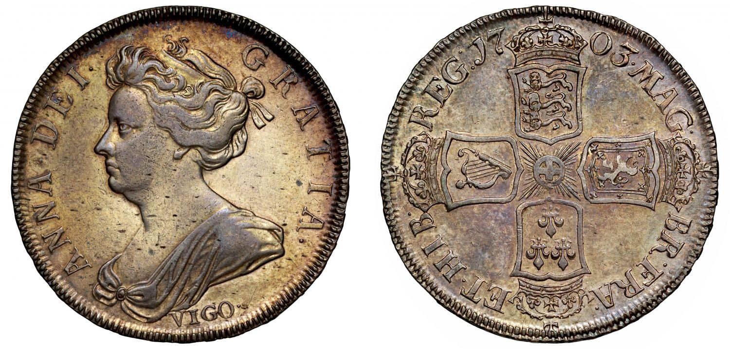 Anne 1703 VIGO Halfcrown, struck from silver captured at Vigo Bay