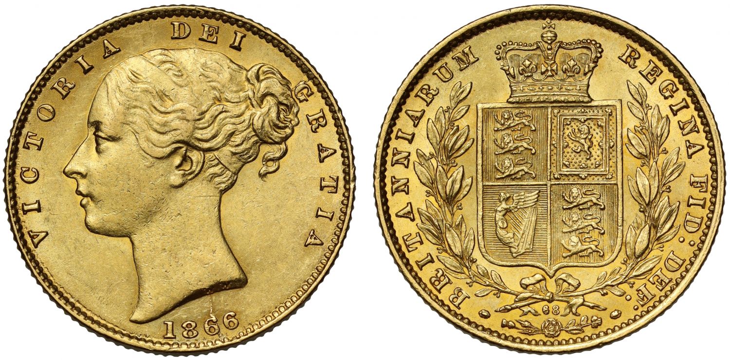Victoria 1866 Sovereign, shield reverse, die number 68