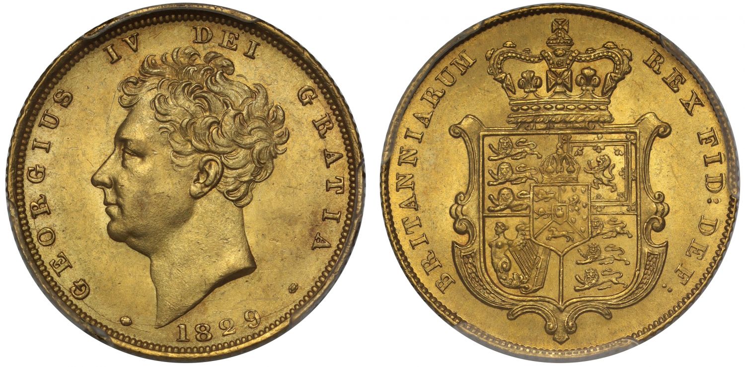 George IV 1829 Sovereign, bare head, PCGS MS62