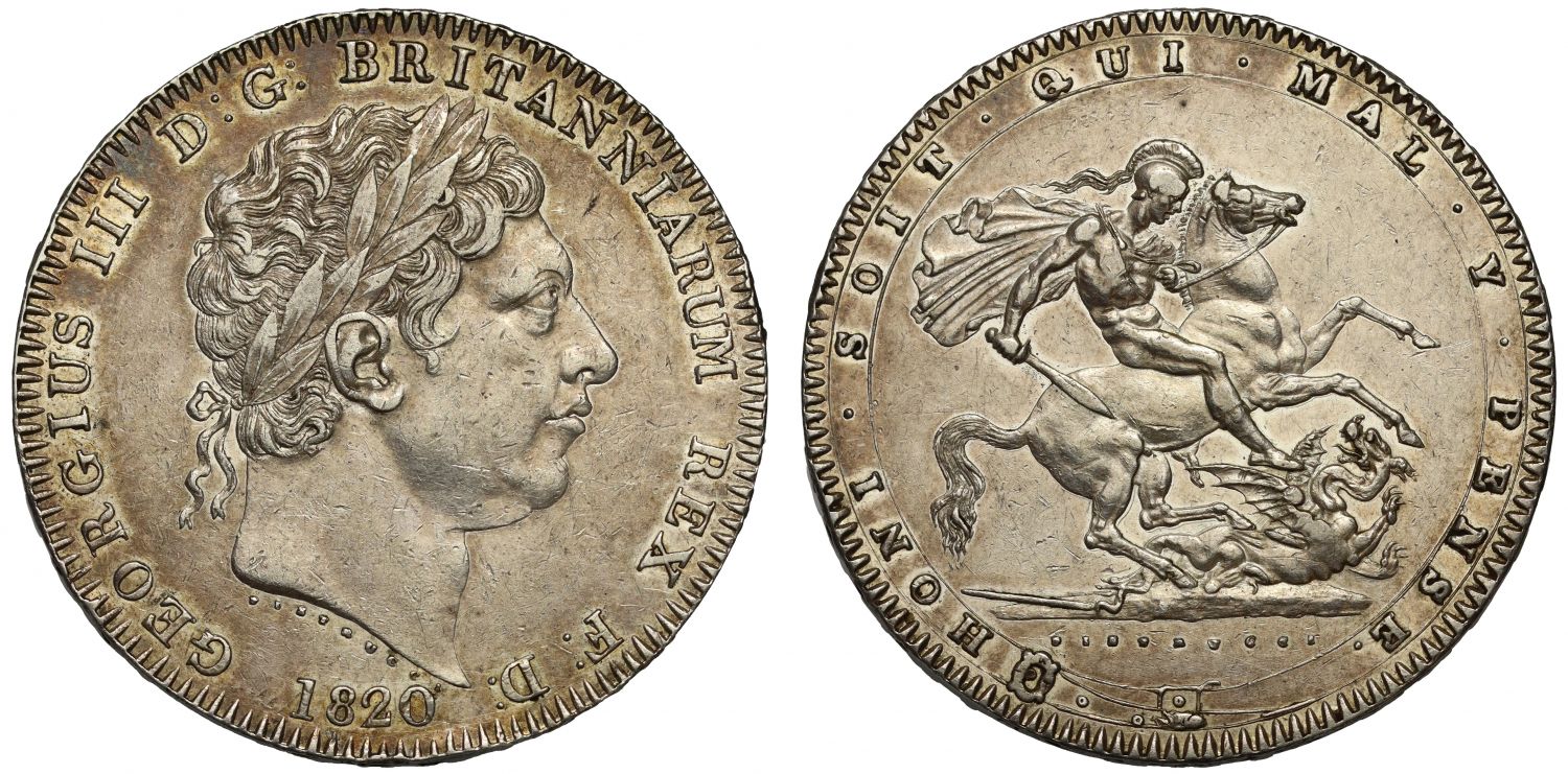 George III 1820 Crown, LX edge year, final date, by Pistrucci