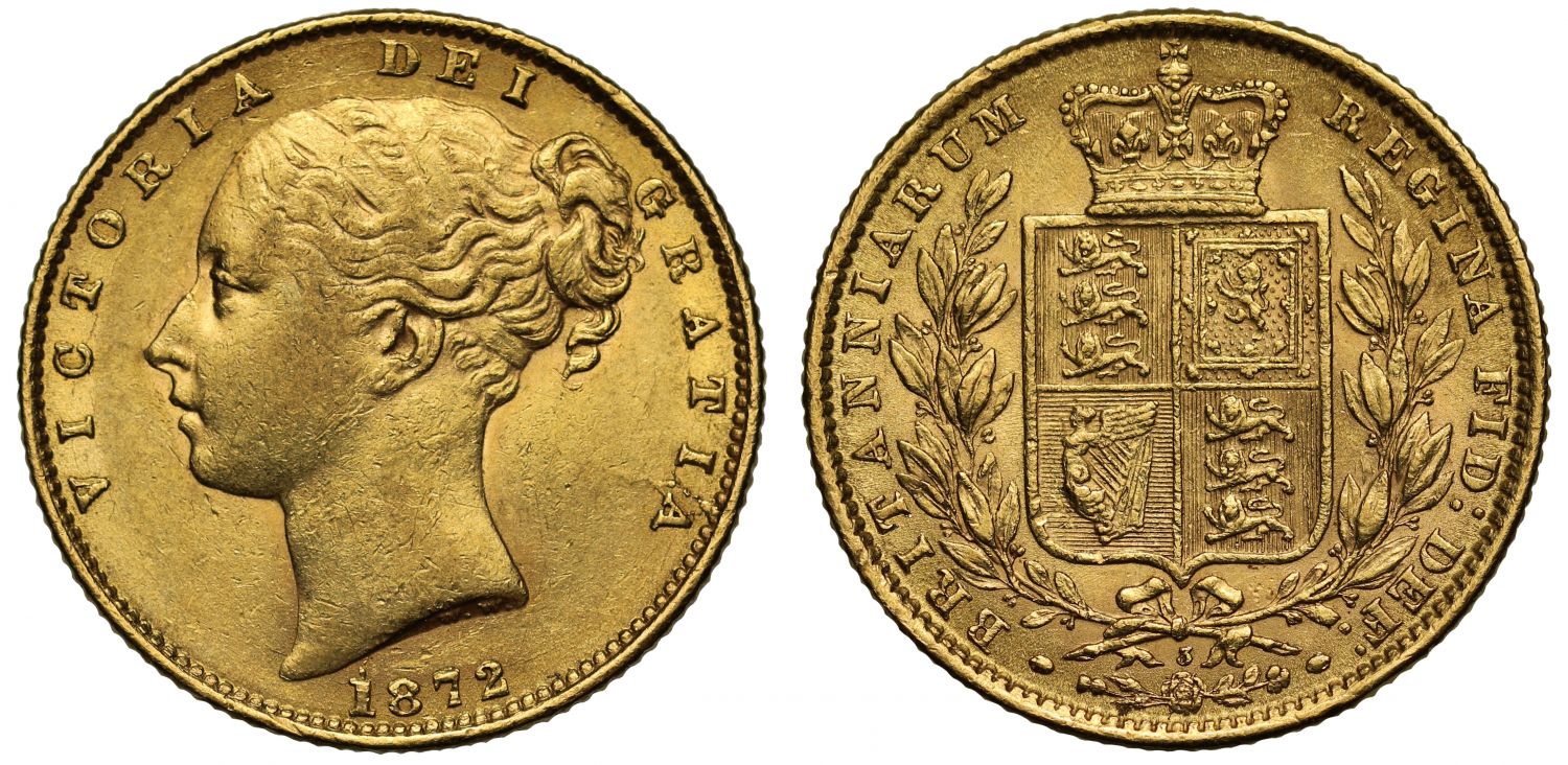 Victoria 1872 Sovereign, die number 3, young head, shield reverse