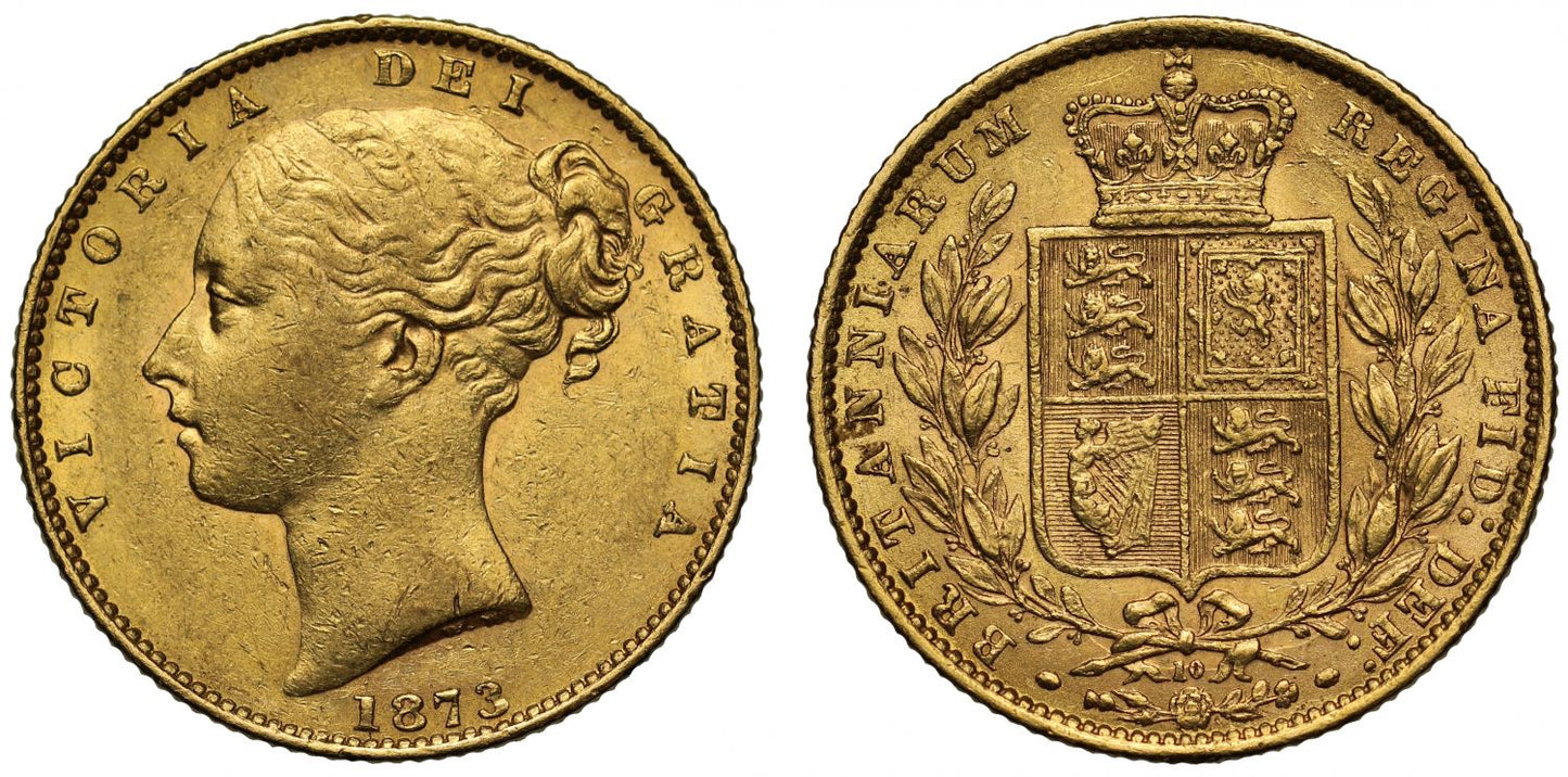 Victoria 1873 Sovereign, die number 10, young head, shield reverse