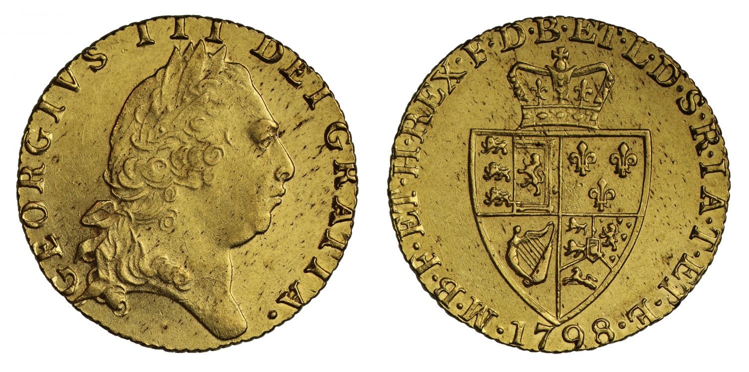 George III 1798 Guinea, fifth bust, spade type reverse AU58