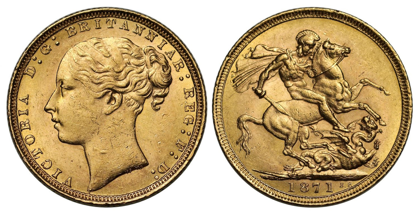 Victoria 1871 Sovereign WW buried in truncation, short tail, large BP