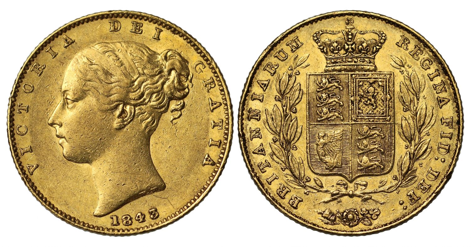 Victoria 1843 Sovereign narrow shield, AU55, extremely rare