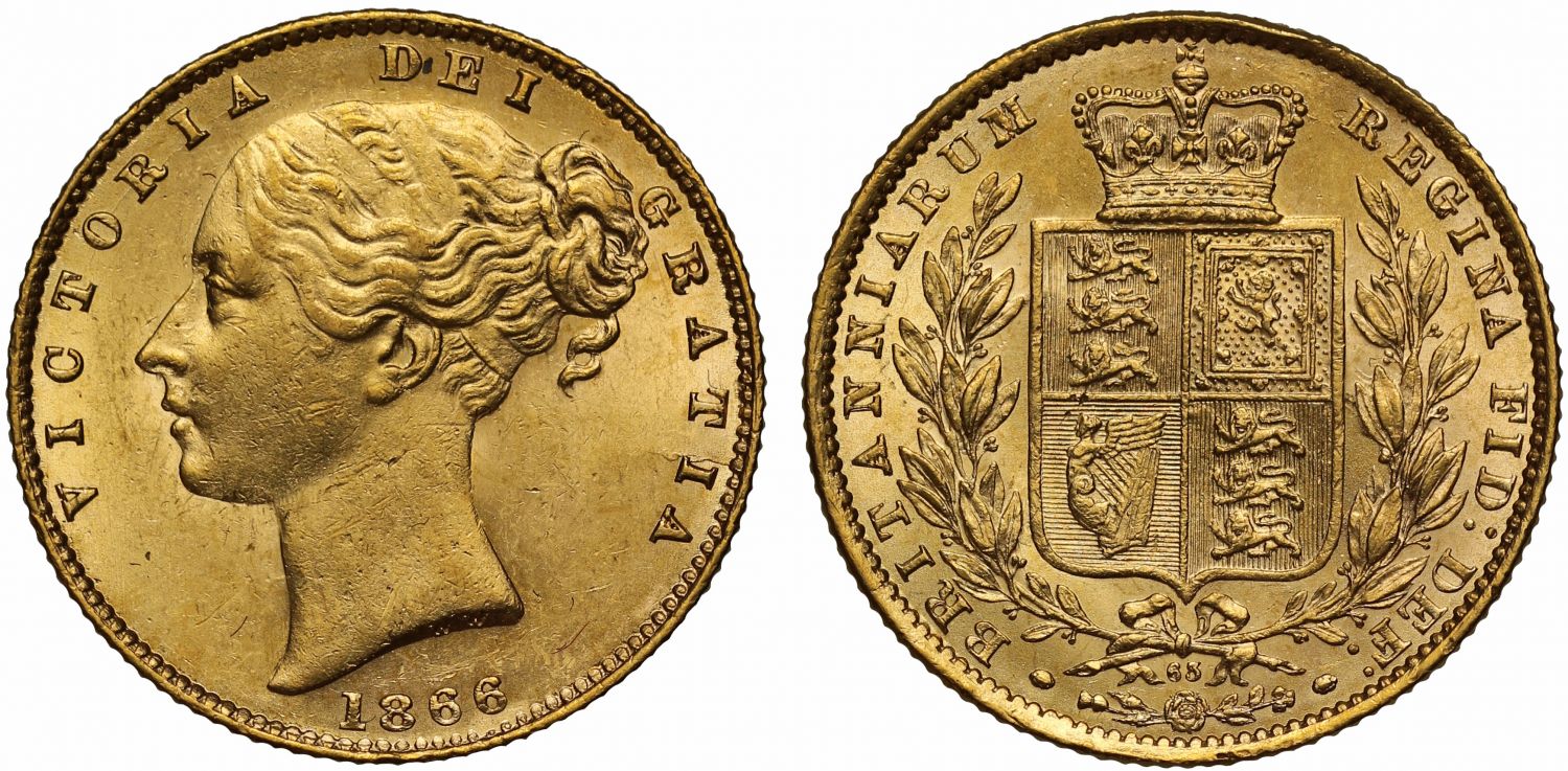 Victoria 1866 Sovereign die 63 MS61, second young head