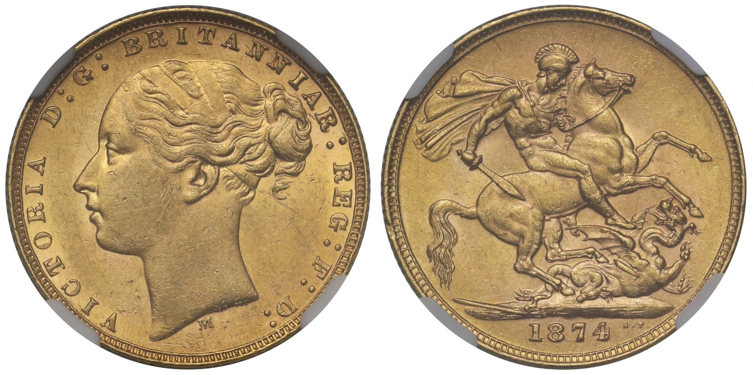 Victoria 1874-M Sovereign Melbourne Mint AU58