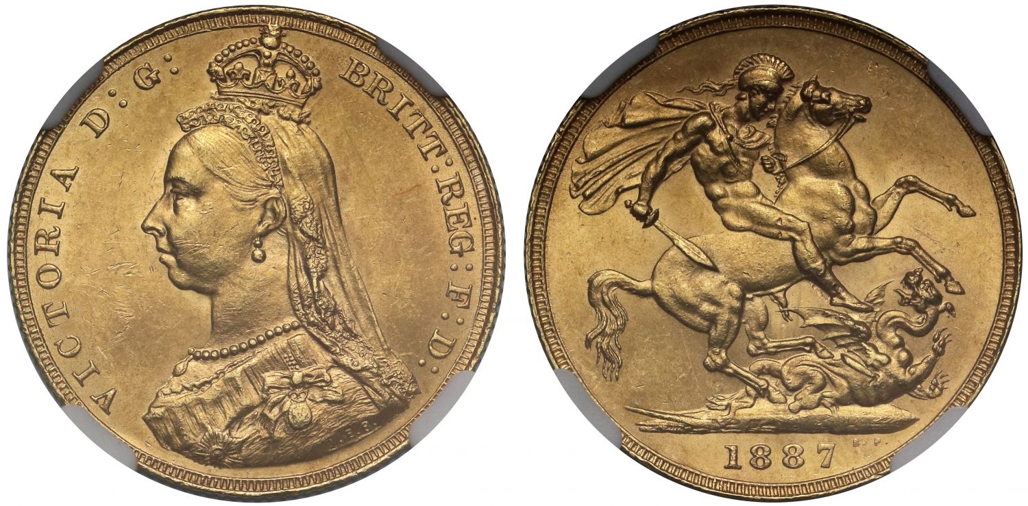 Victoria 1887 Sovereign, first legend, Jubilee issue, angled J, MS62