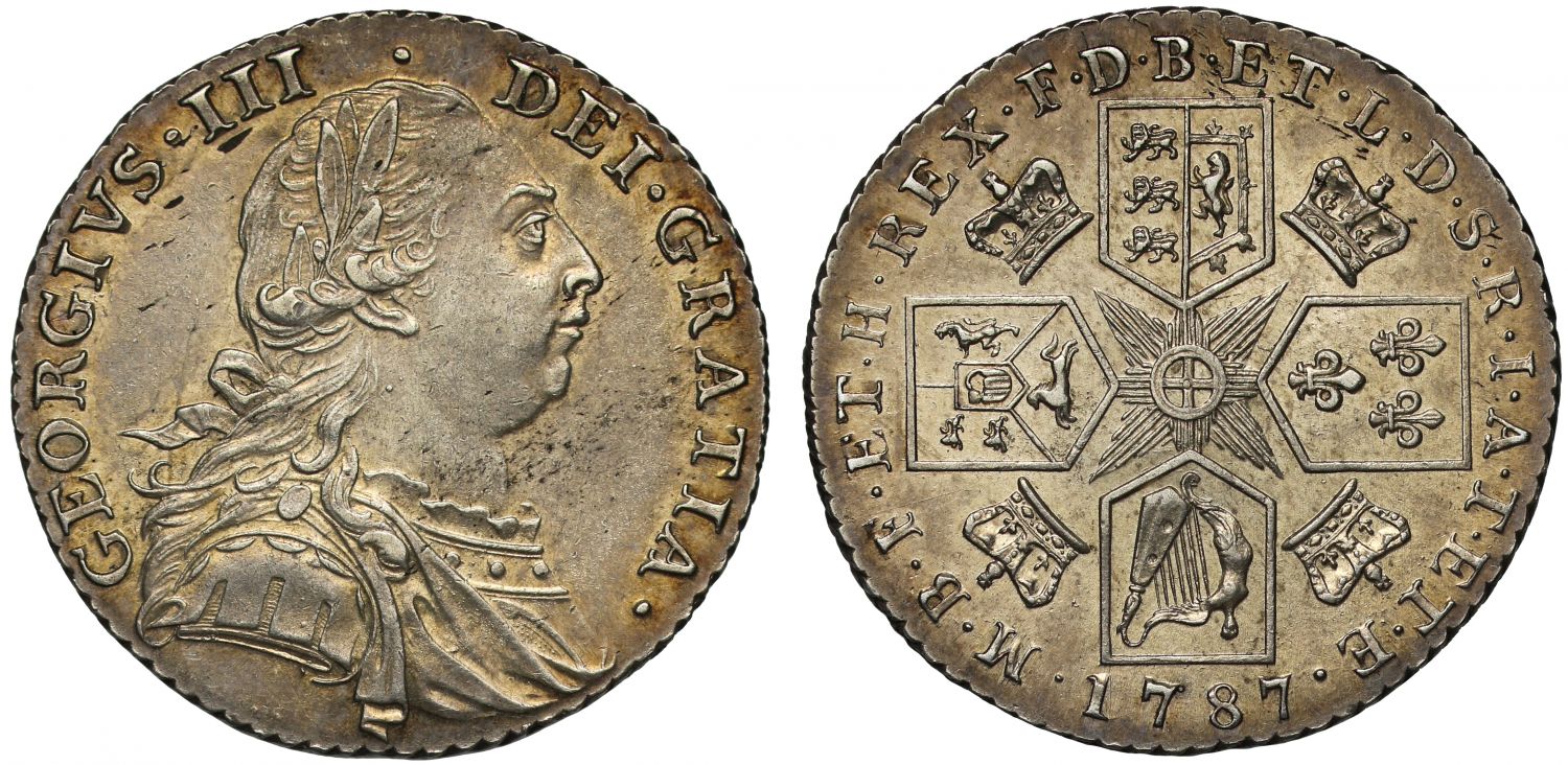 George III 1787 Shilling no hearts in the Hanoverian arms, one year on