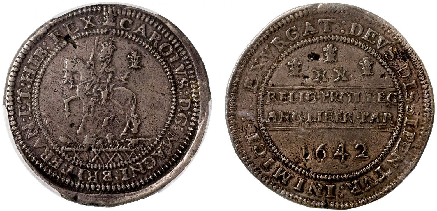 Charles I 1642 Pound, Oxford Mint, Chequered Exergue variety XF40
