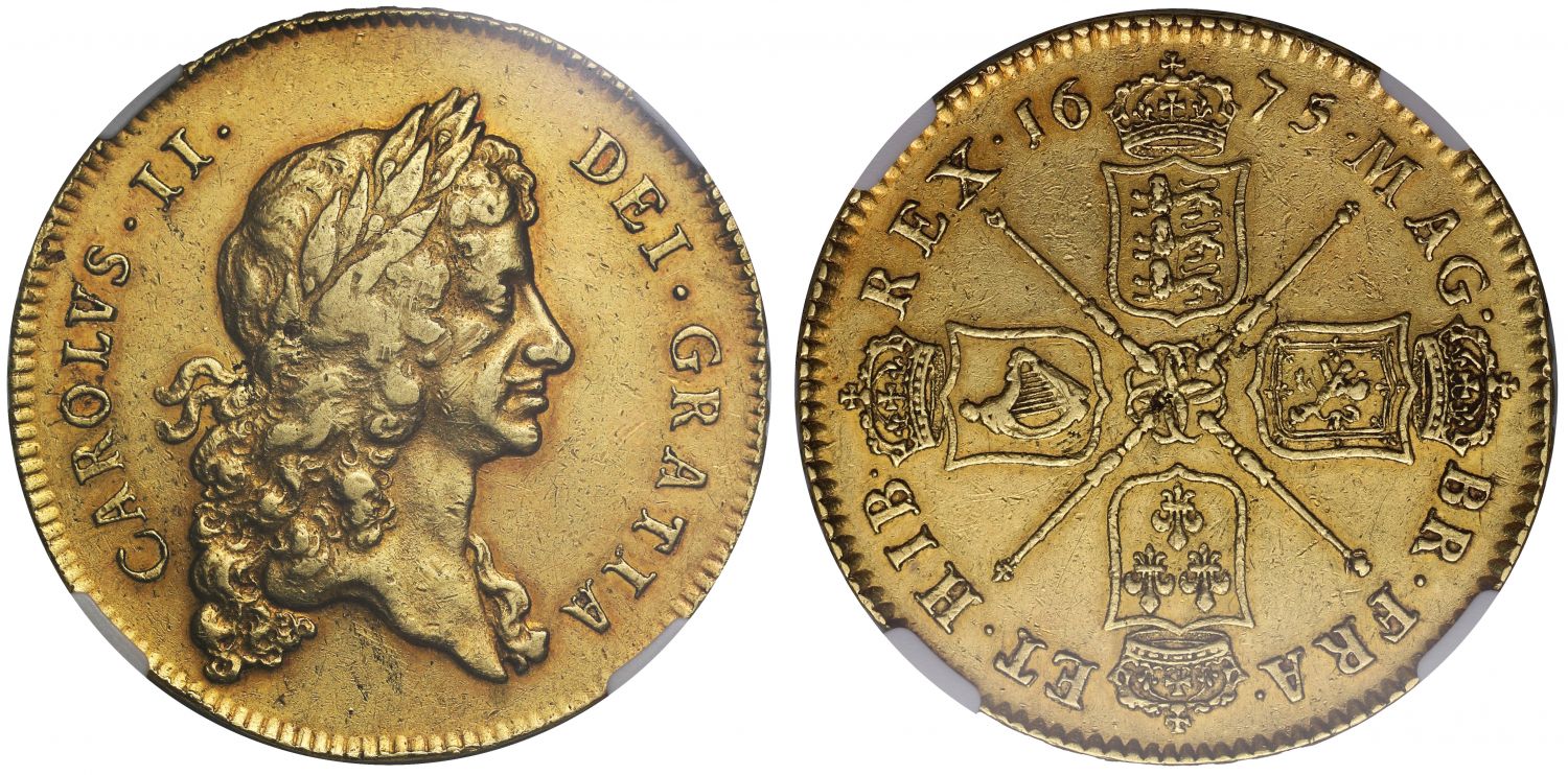 Charles II 1675 Five-Guinea, first bust, extremely rare date NGC XF45