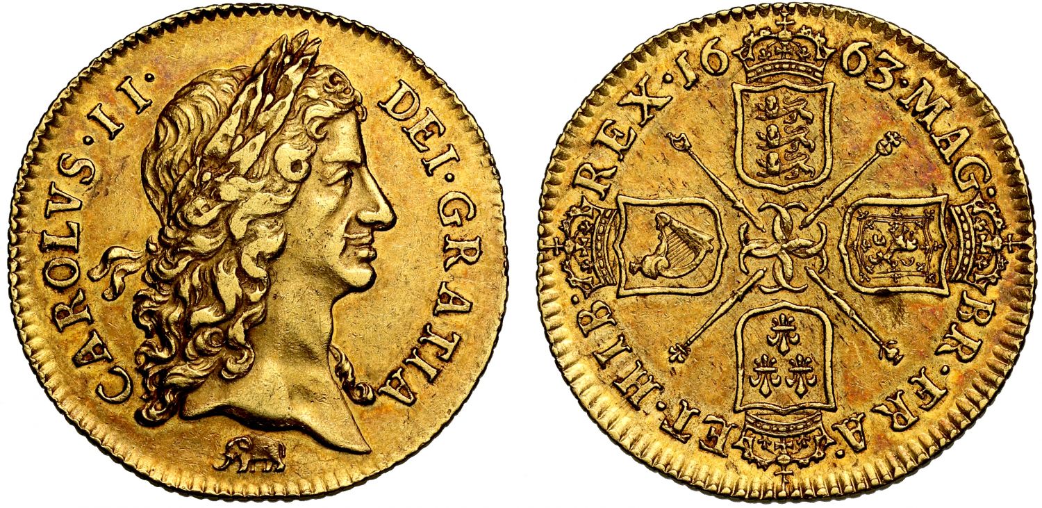 Charles II 1663 Guinea first Bust with Elephant AU58, struck en medail