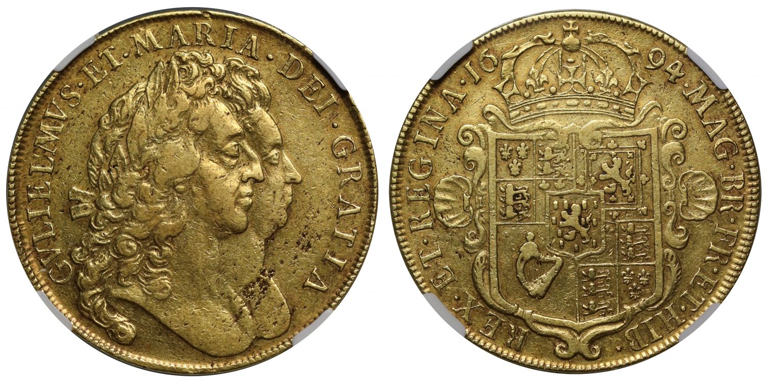 William and Mary 1694 Five-Guineas AU50, final and rarest date for rei