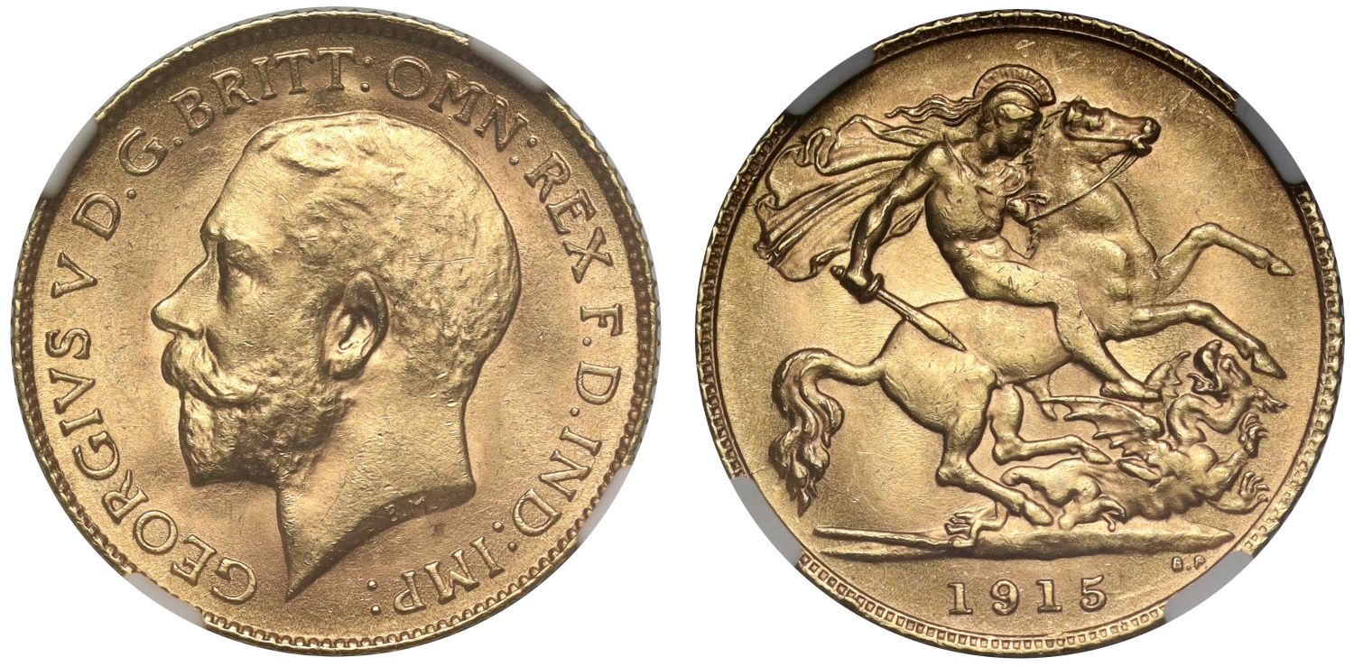 George V 1915 Half-Sovereign MS63, last year for London half in the re