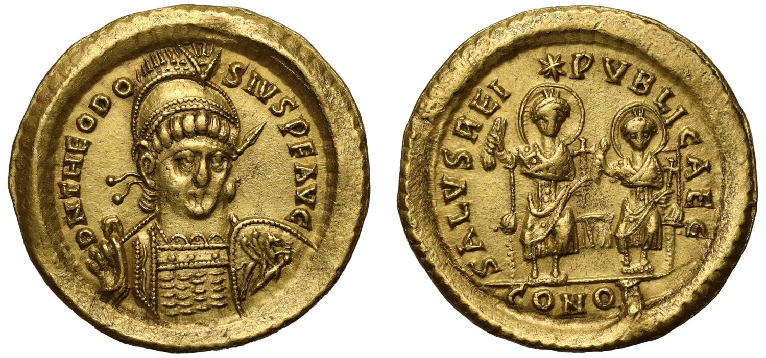 Theodosius II with Valentinian III, gold Solidus.